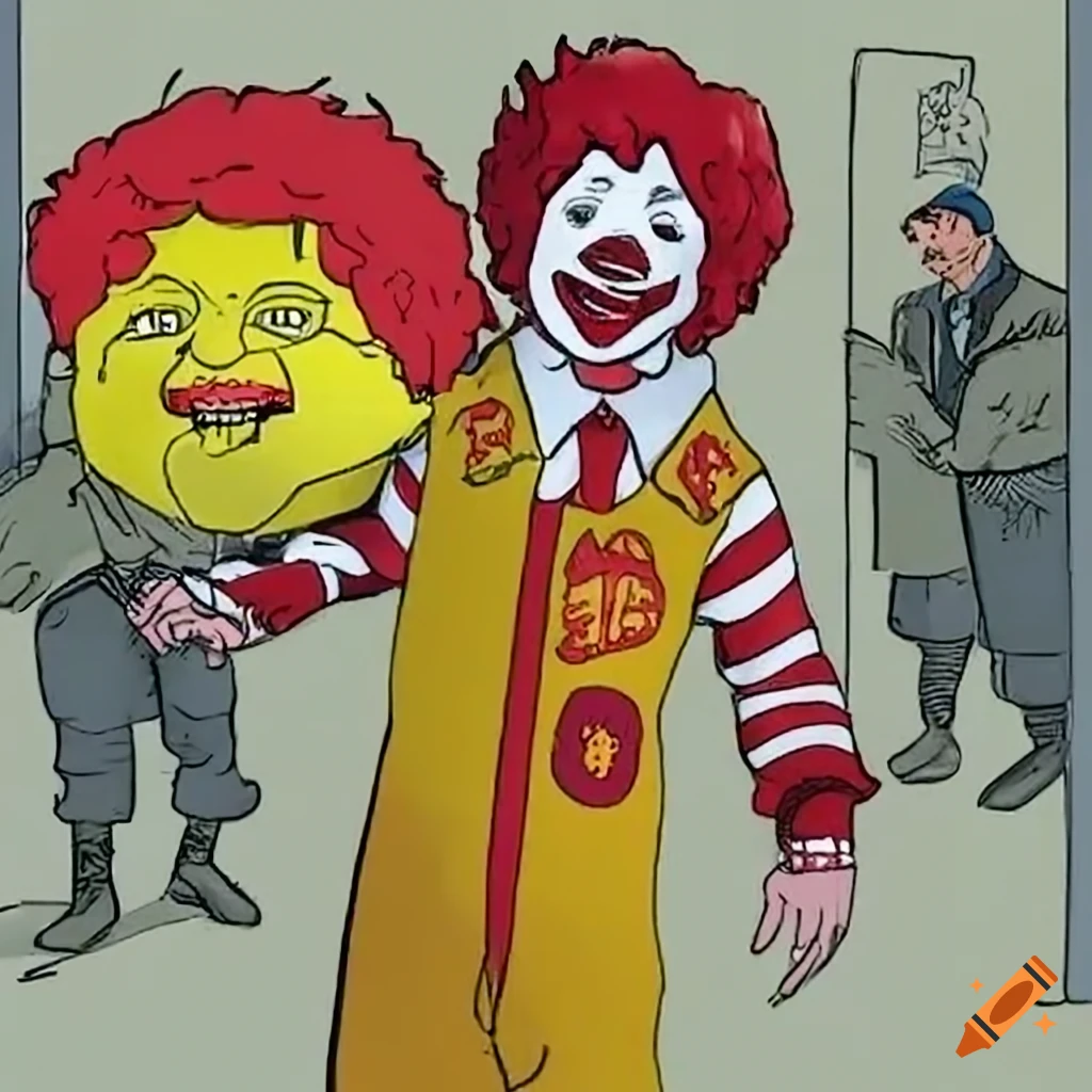 Satirical cartoon of Ronald McDonald as Trump on Craiyon