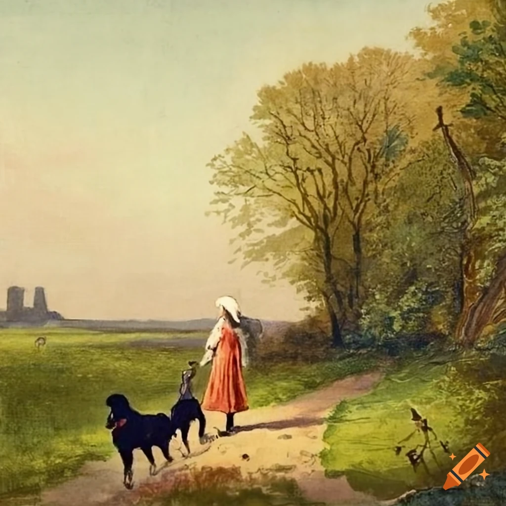 Vintage drawing of a person walking with a dog in the countryside on ...