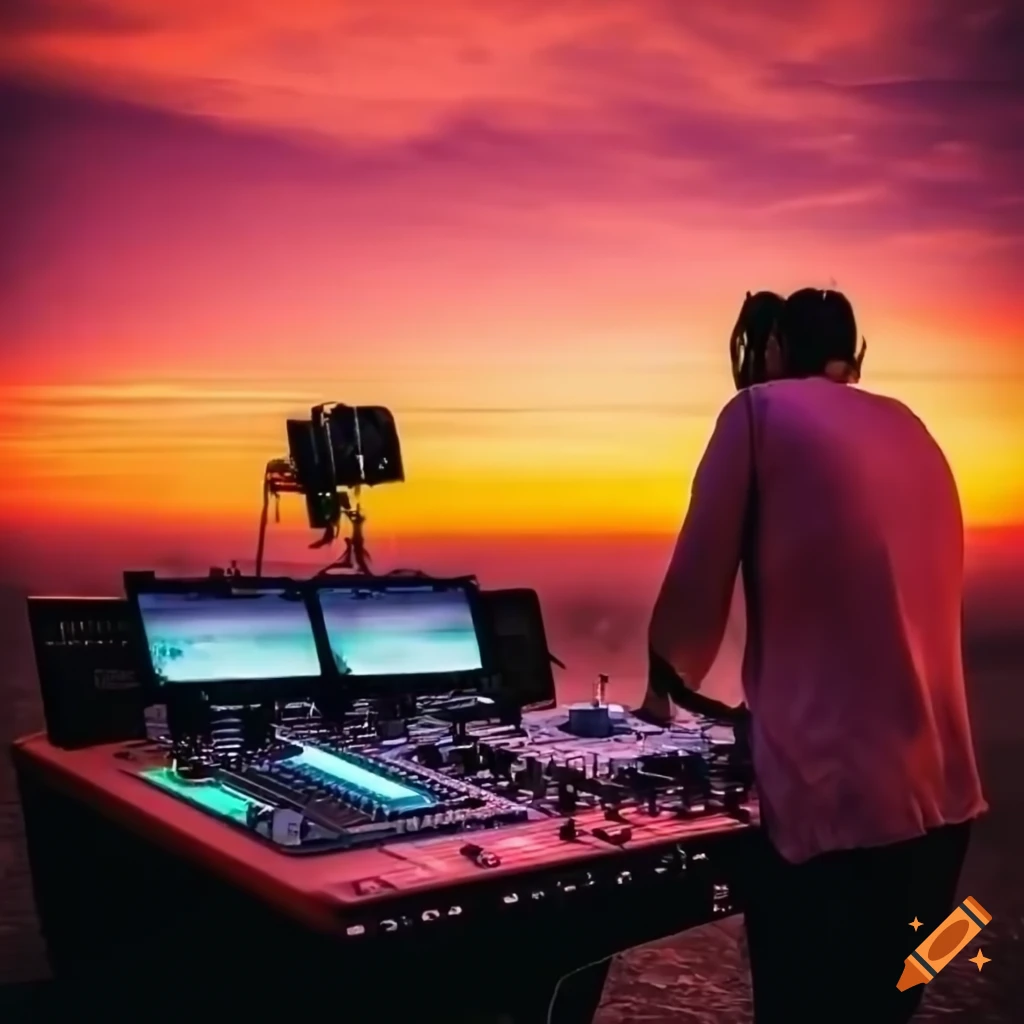 Dj setup console with desert sunset backdrop on Craiyon