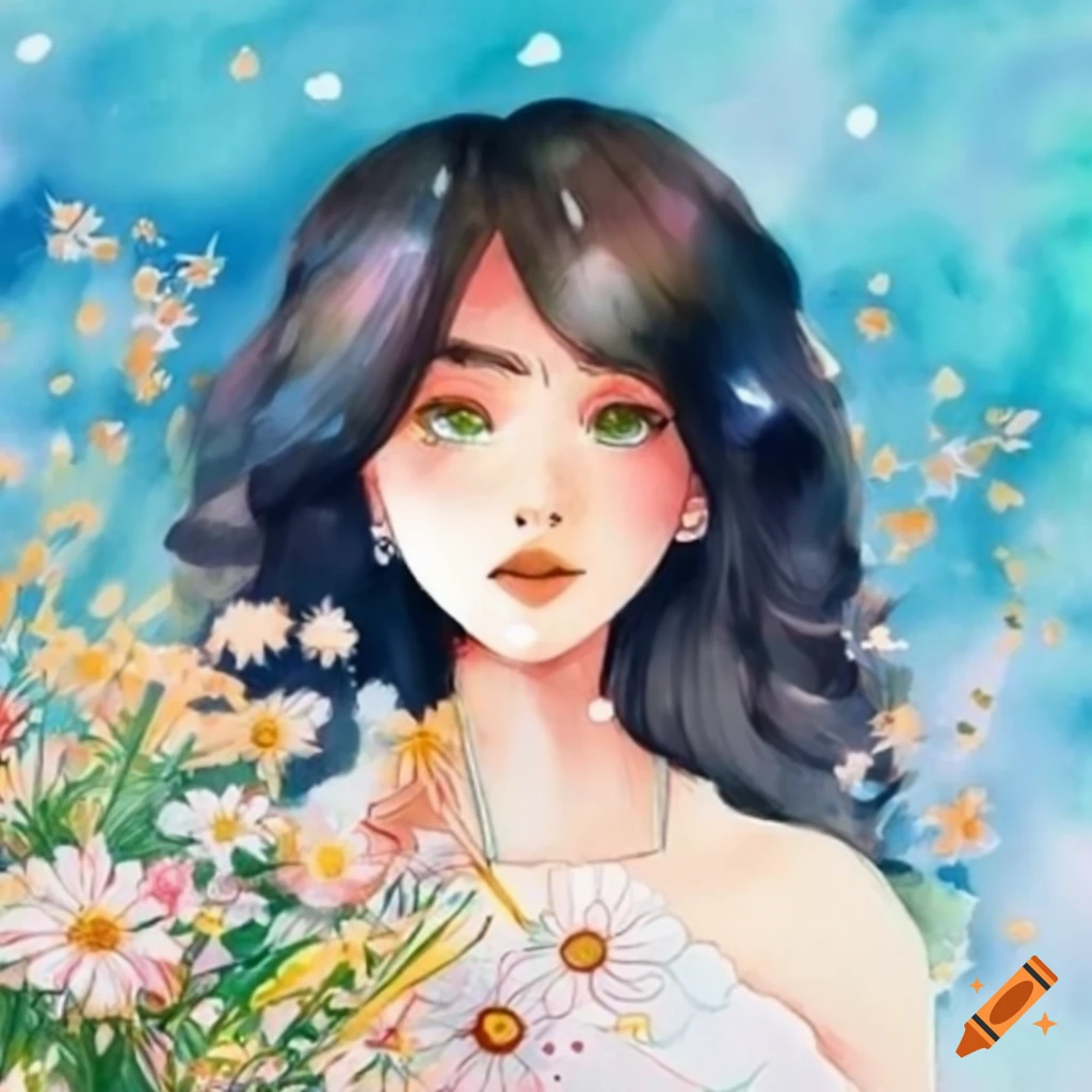Watercolor portrait of a girl in a flower field