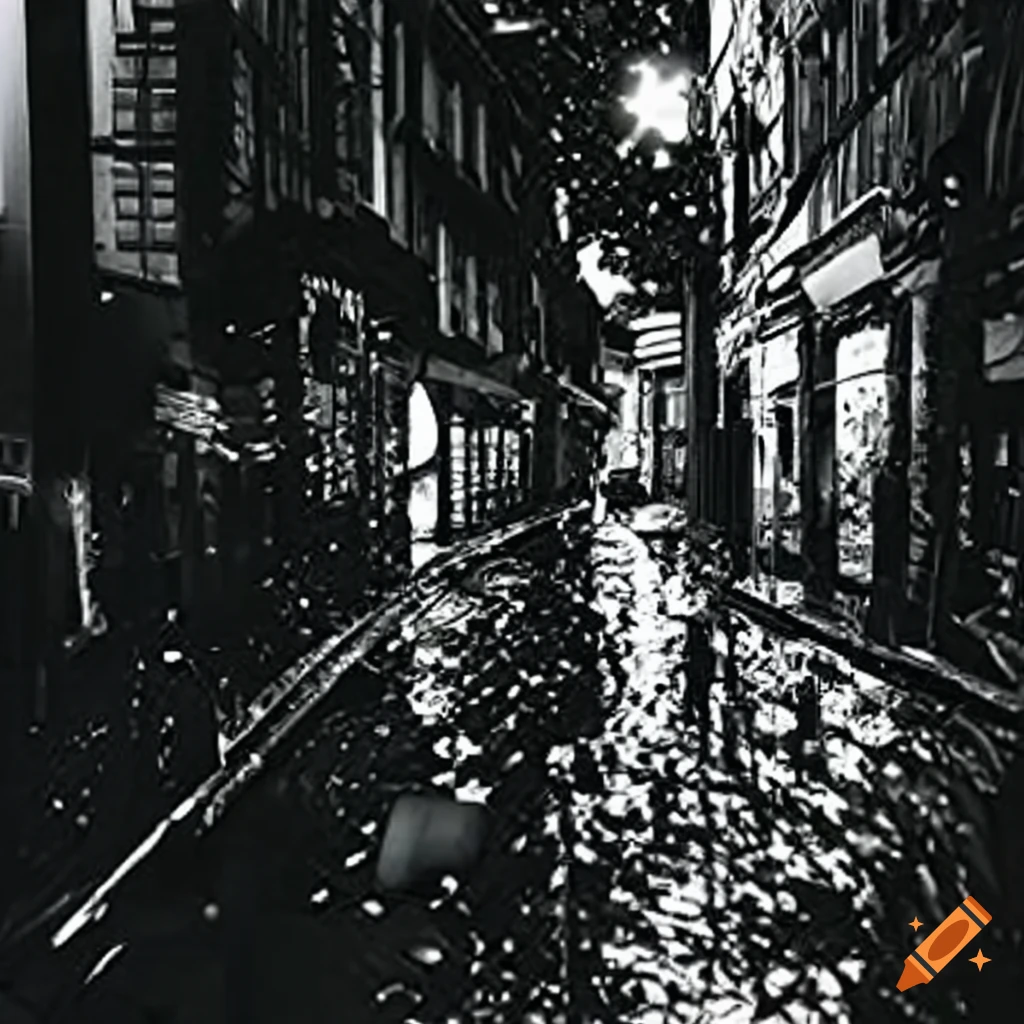 Sketchy anime depiction of rainy city streets on Craiyon