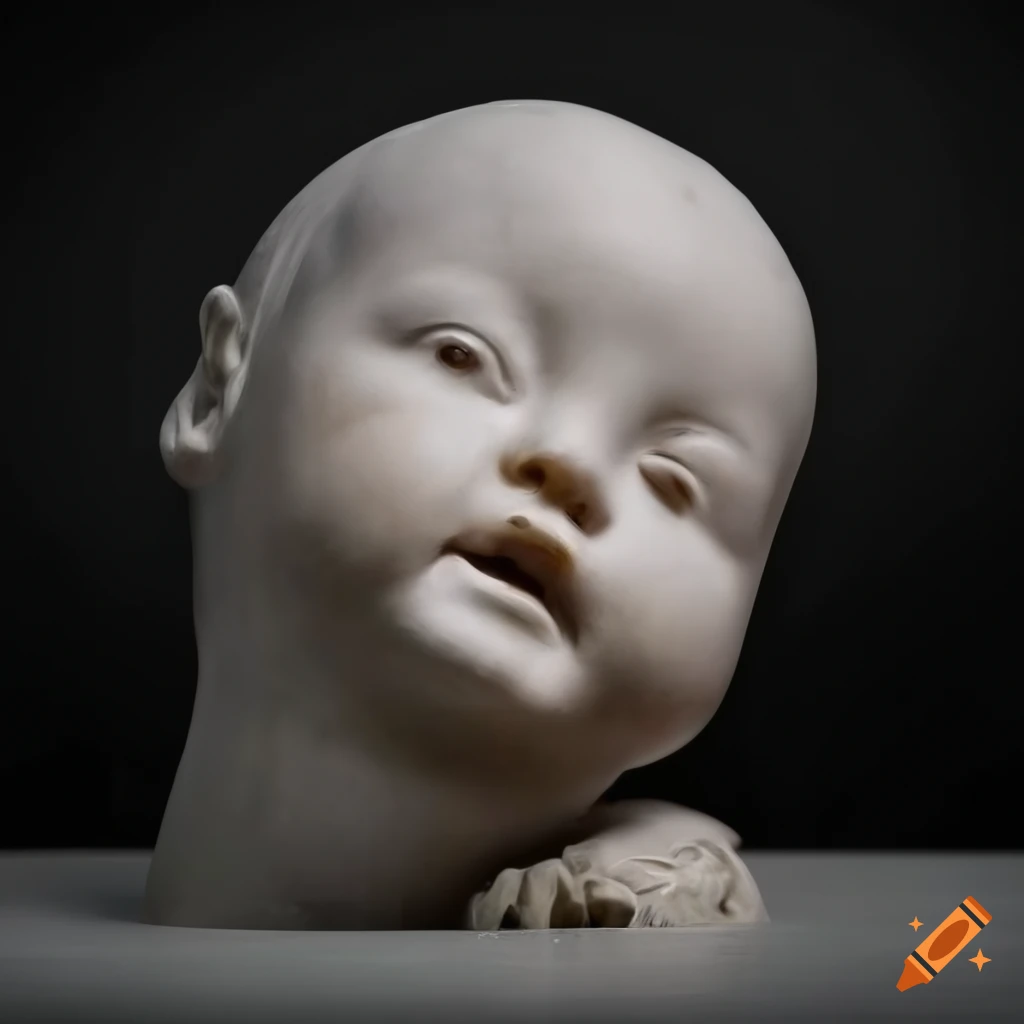Black background marble sculpture of a hairless baby head