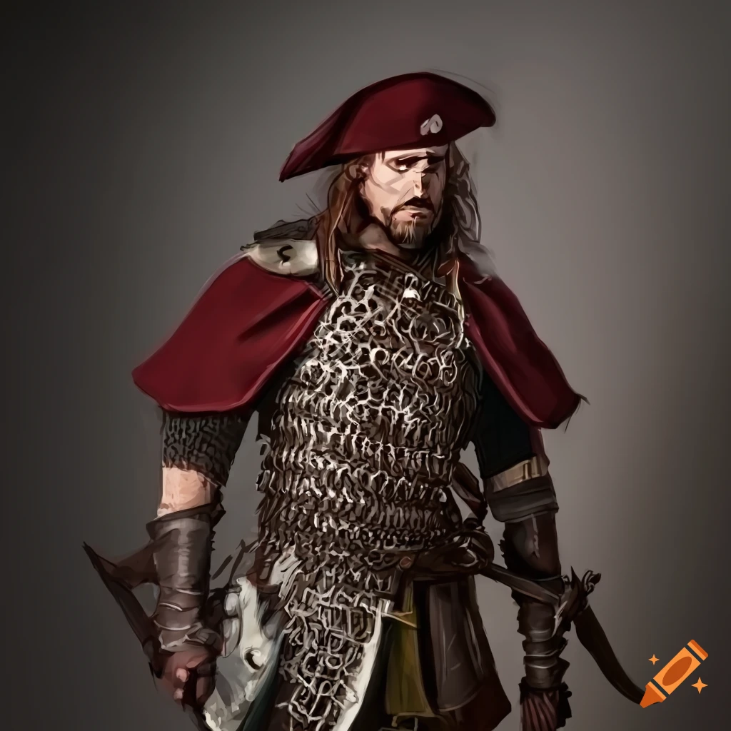Medieval gypsy bandit in leather armor with rusty sword on Craiyon