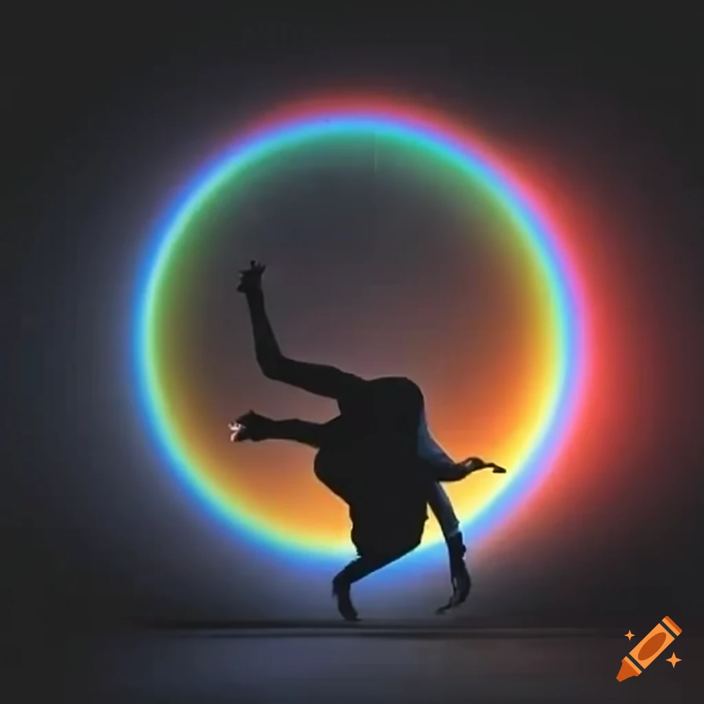 Conceptual image of a person jumping over a rainbow on Craiyon