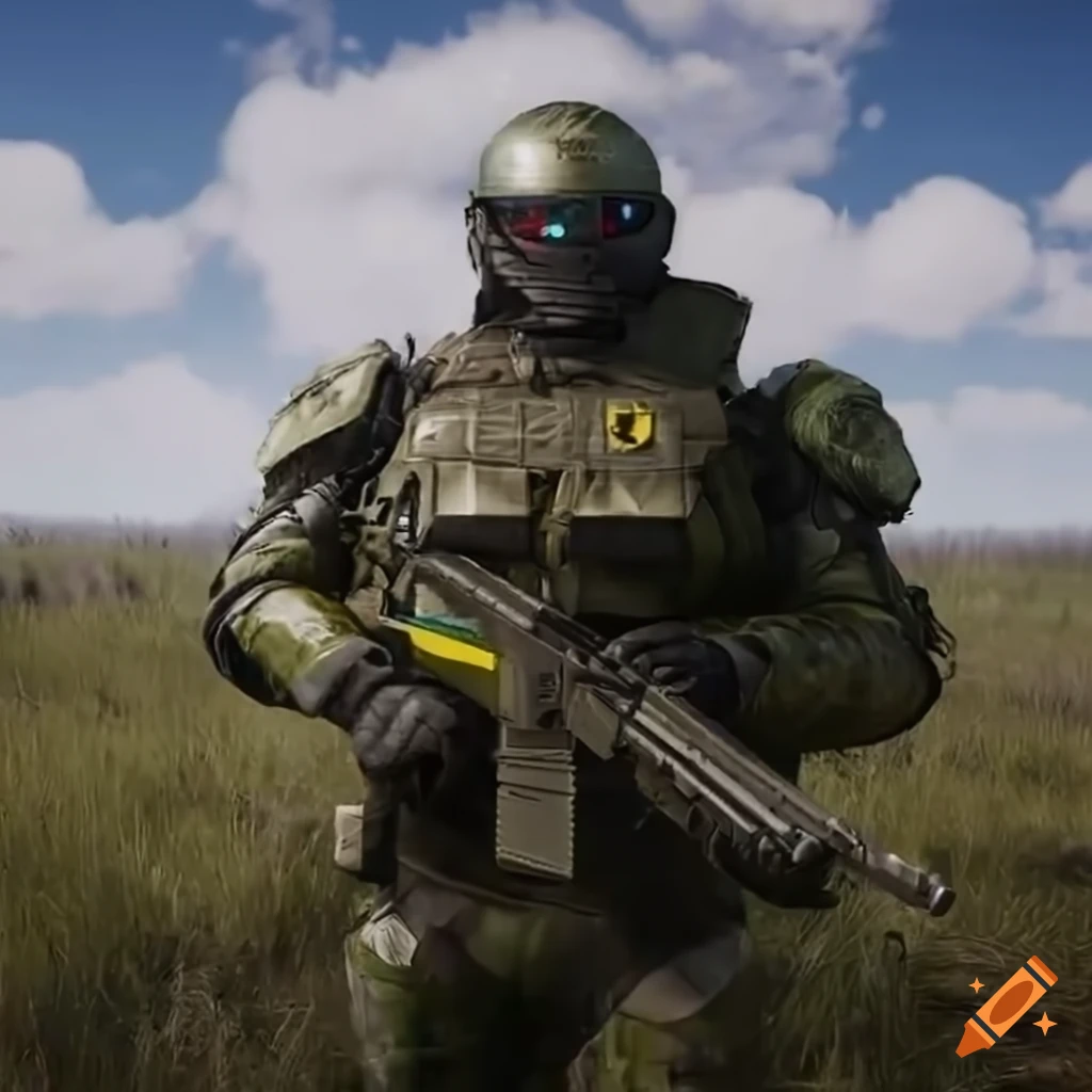 Portrait of ukrainian sci-fi soldiers holding the flag with a tank on ...