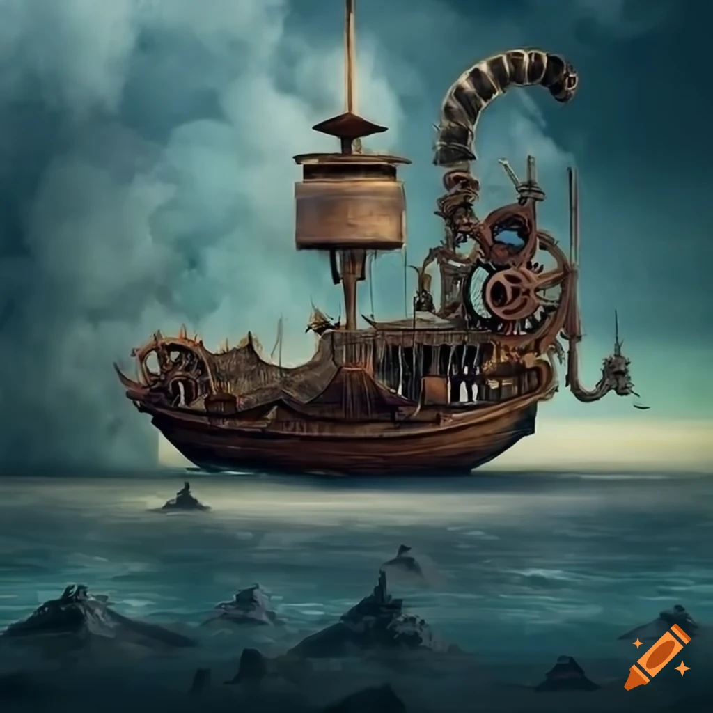 Surreal steampunk artwork with a boat on the beach on Craiyon