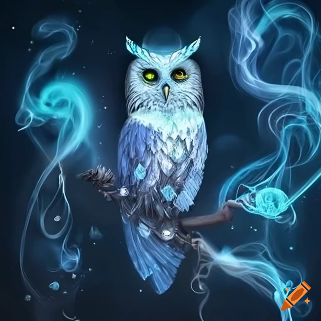 Surreal fantasy owl with metallic lace and neon eyes on Craiyon