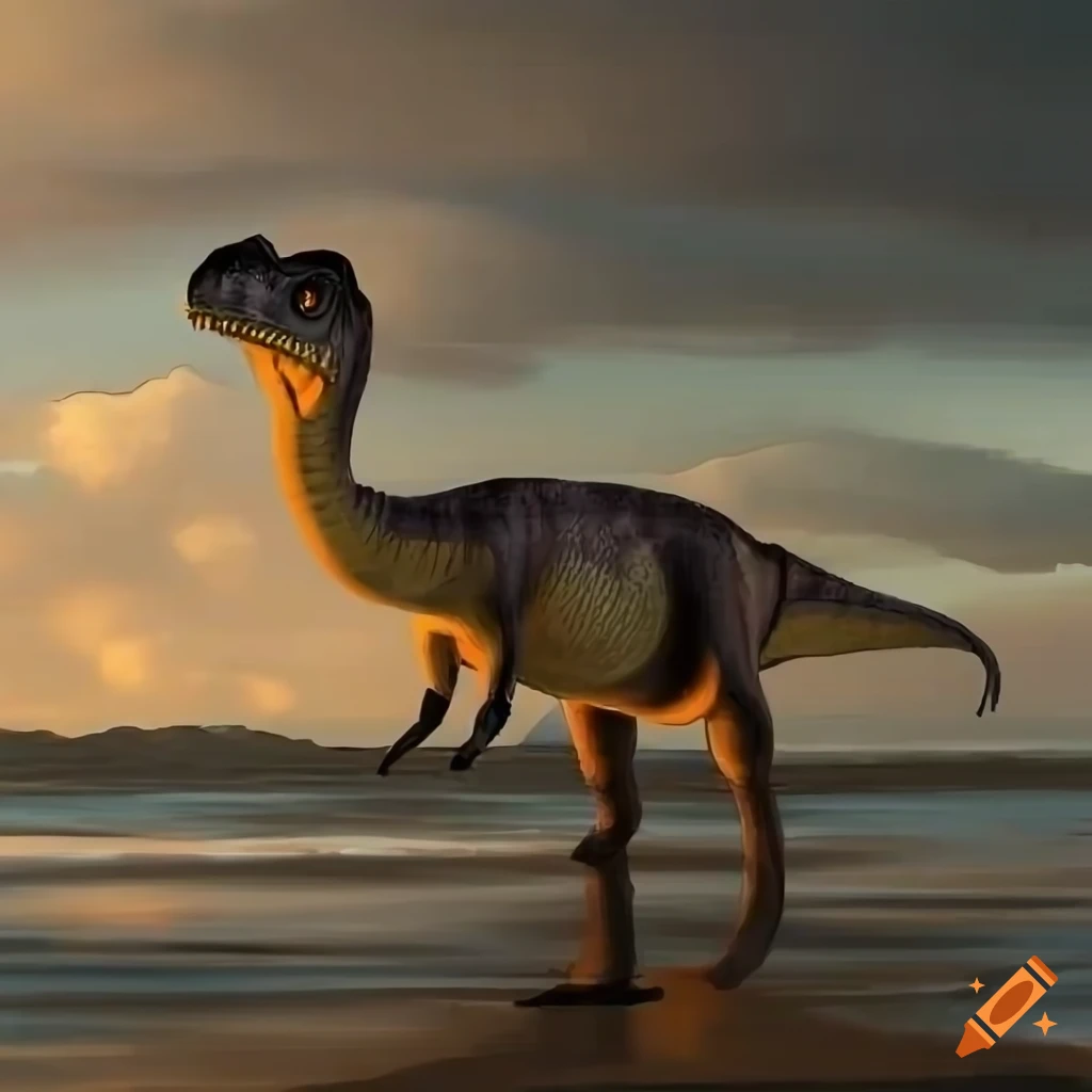 Hadrosaurus dinosaur walking on the coast with driftwood on Craiyon