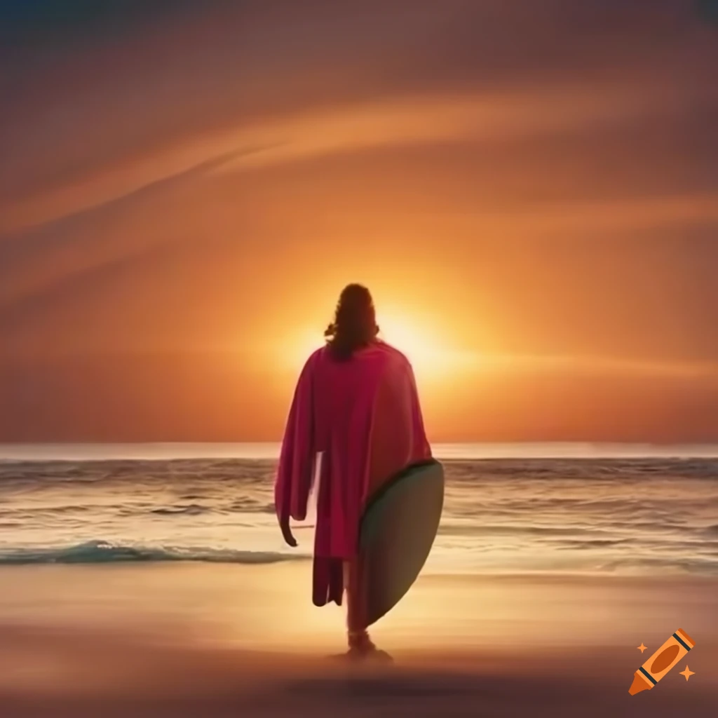 Jesus christ riding a surfboard in big waves on Craiyon