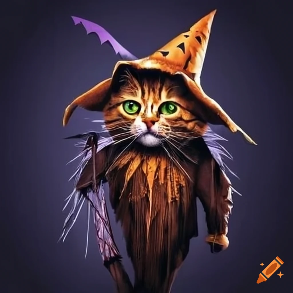 Halloween-themed image of cats, bats, and scarecrows on Craiyon