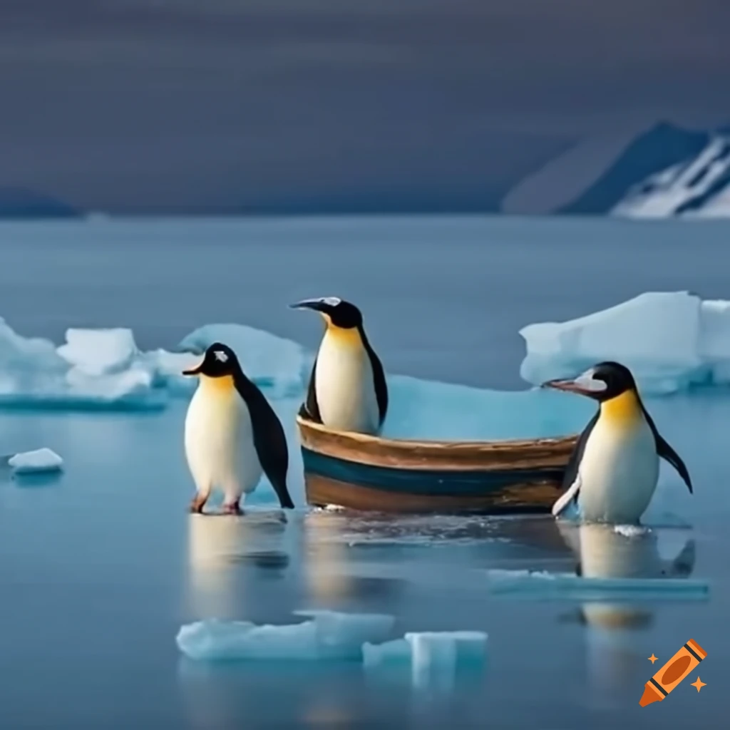 Melting antarctic ice sheet, penguins on small ice, joan miro style on ...