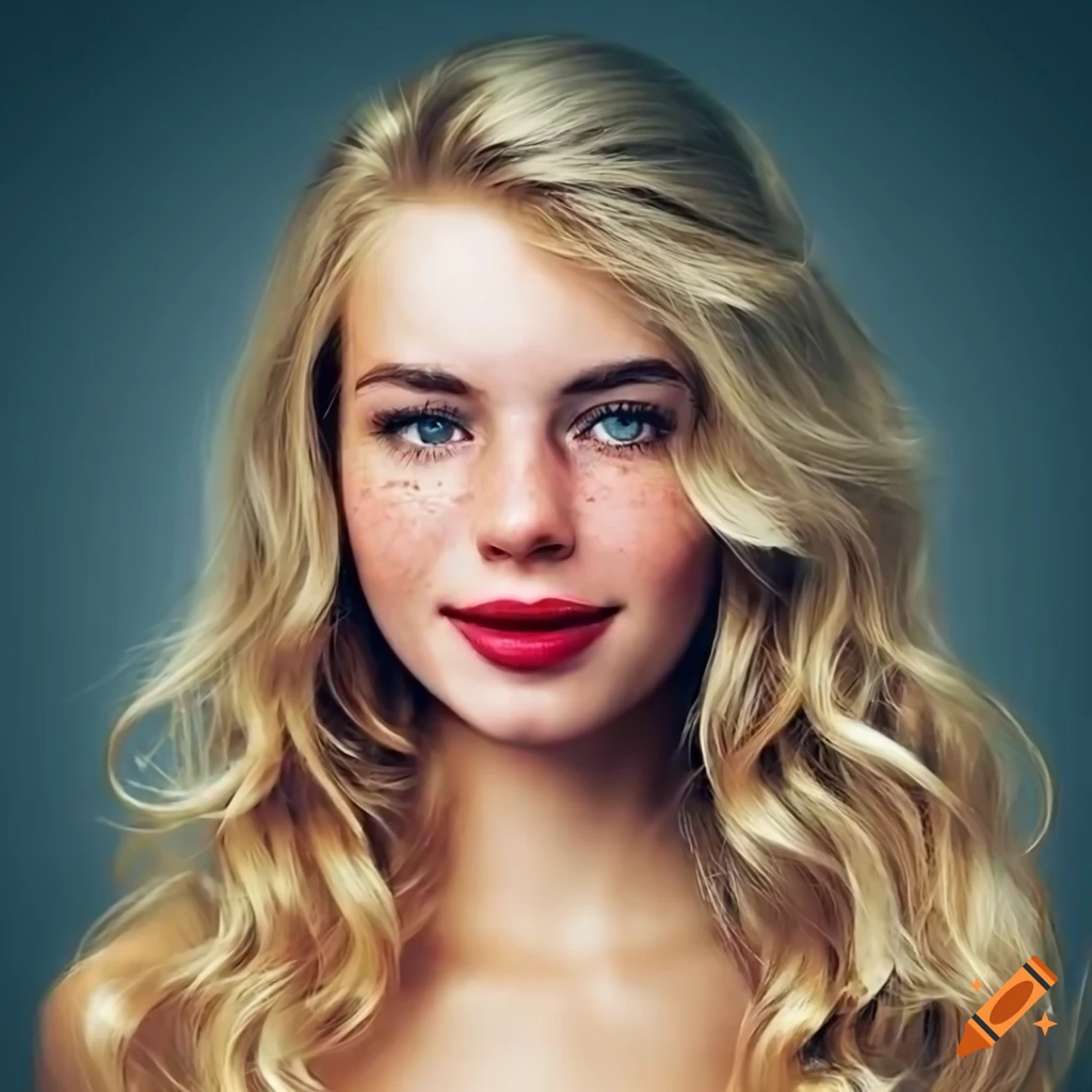 Portrait Of A Beautiful Young Woman With Freckles And Wavy Blonde Hair