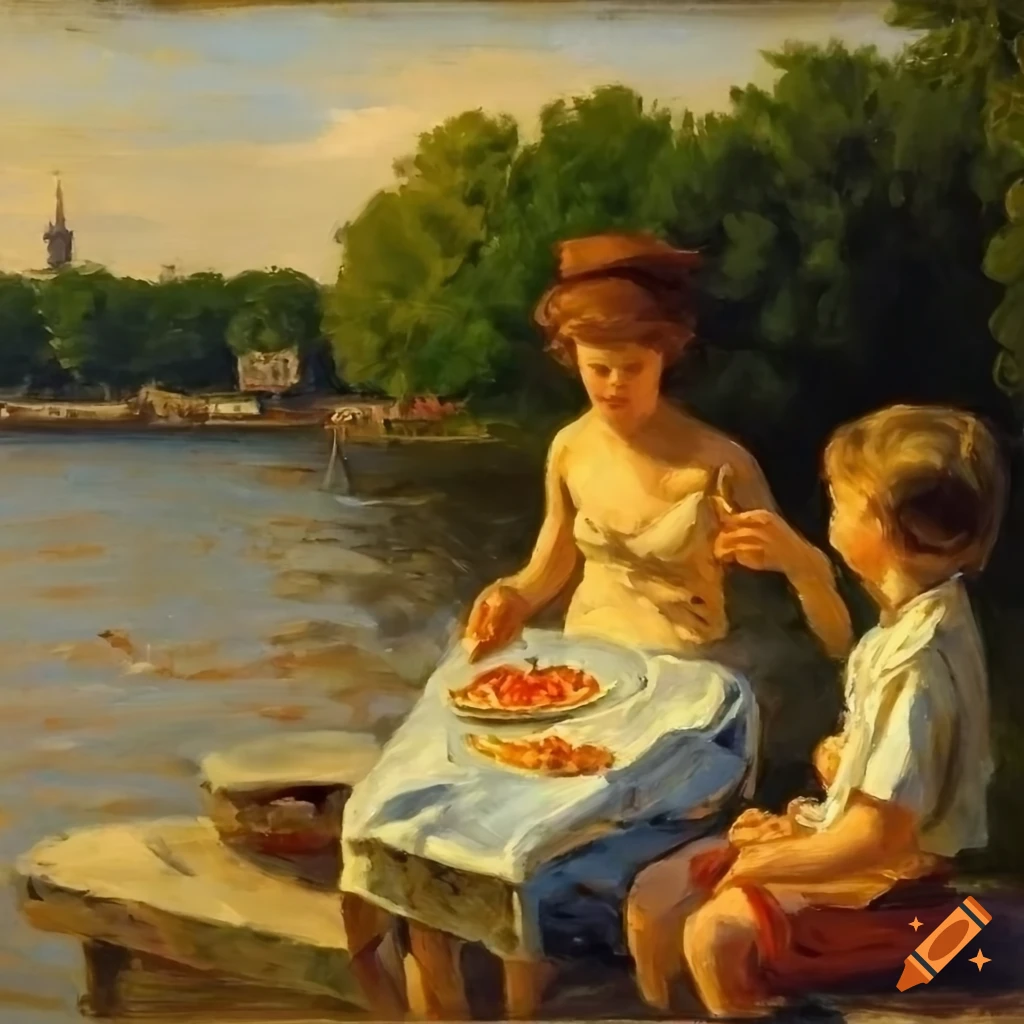 Oil painting of siblings eating pizza by the river elbe