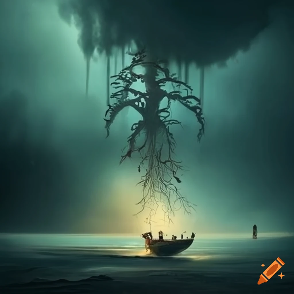 Surreal steampunk scene with strange creatures on beach