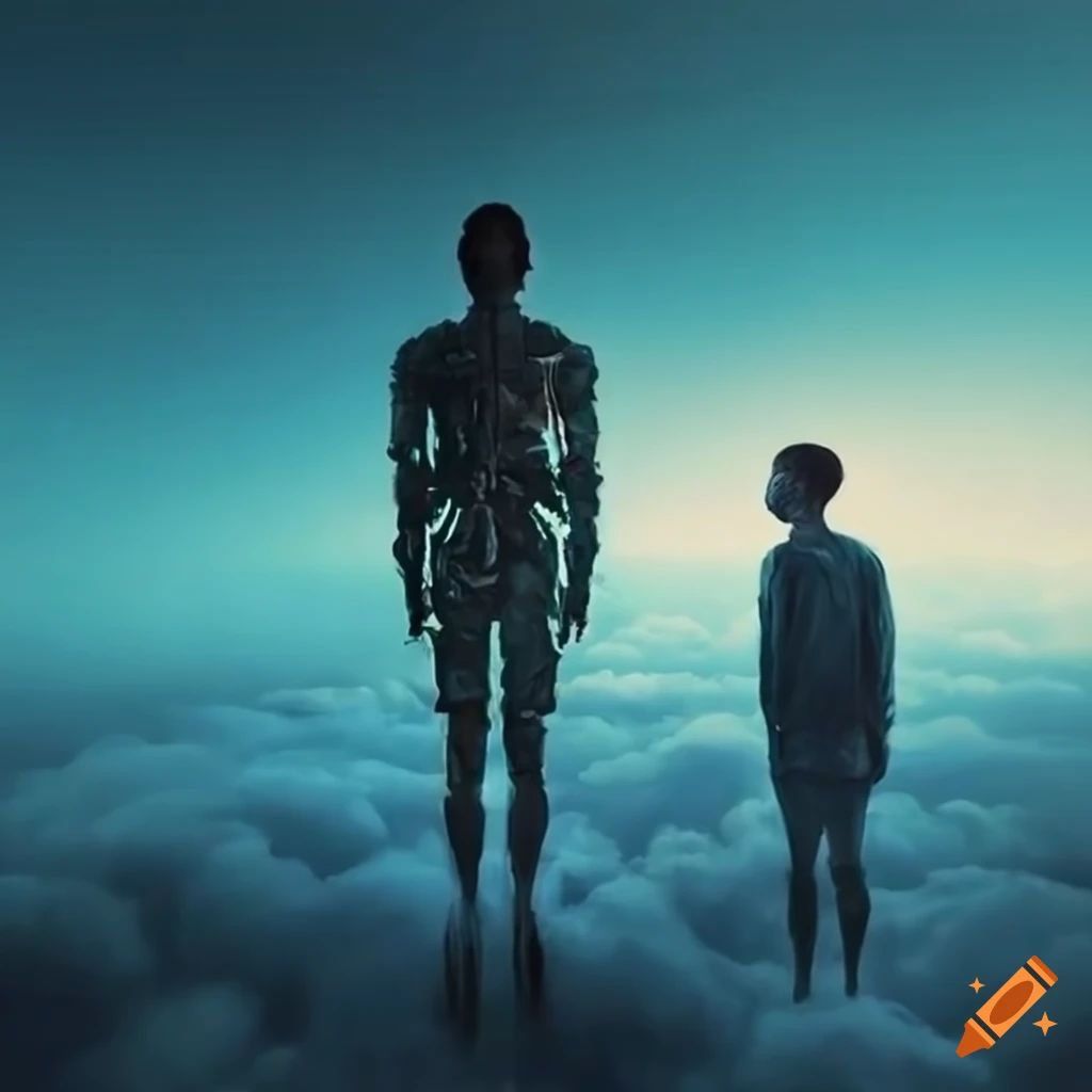 Digital painting of two men overlooking humanity