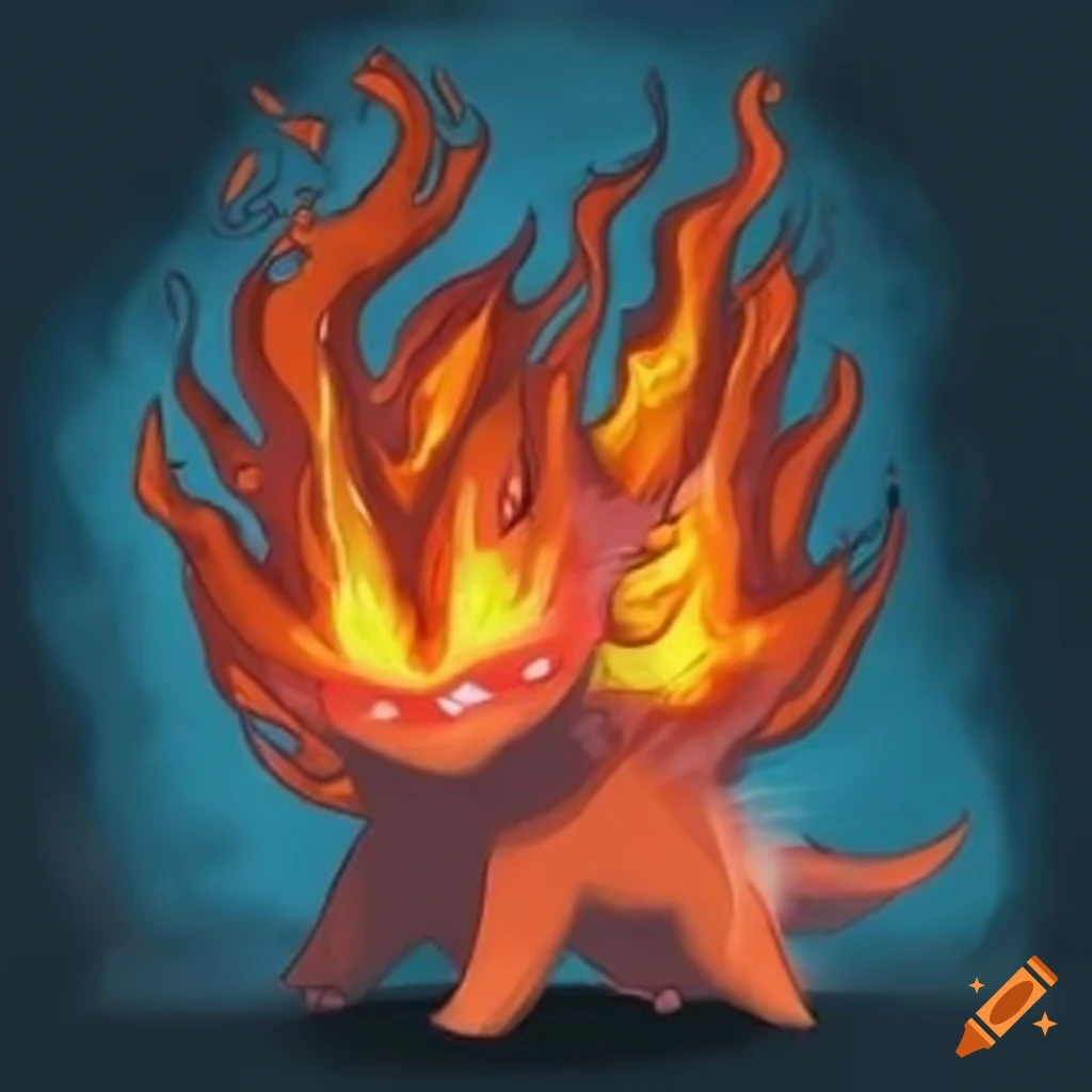 Digital artwork of pyroblaze, a fiery pokemon in battle on Craiyon