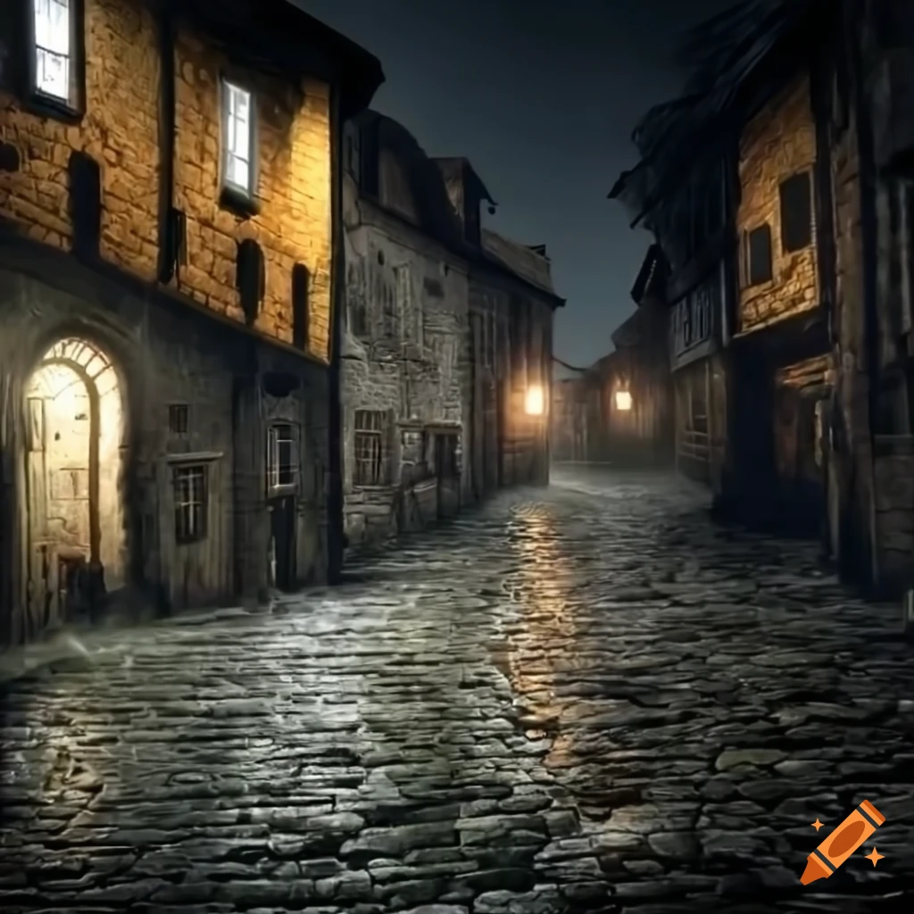 Realistic night view of a medieval town in heavy rain on Craiyon
