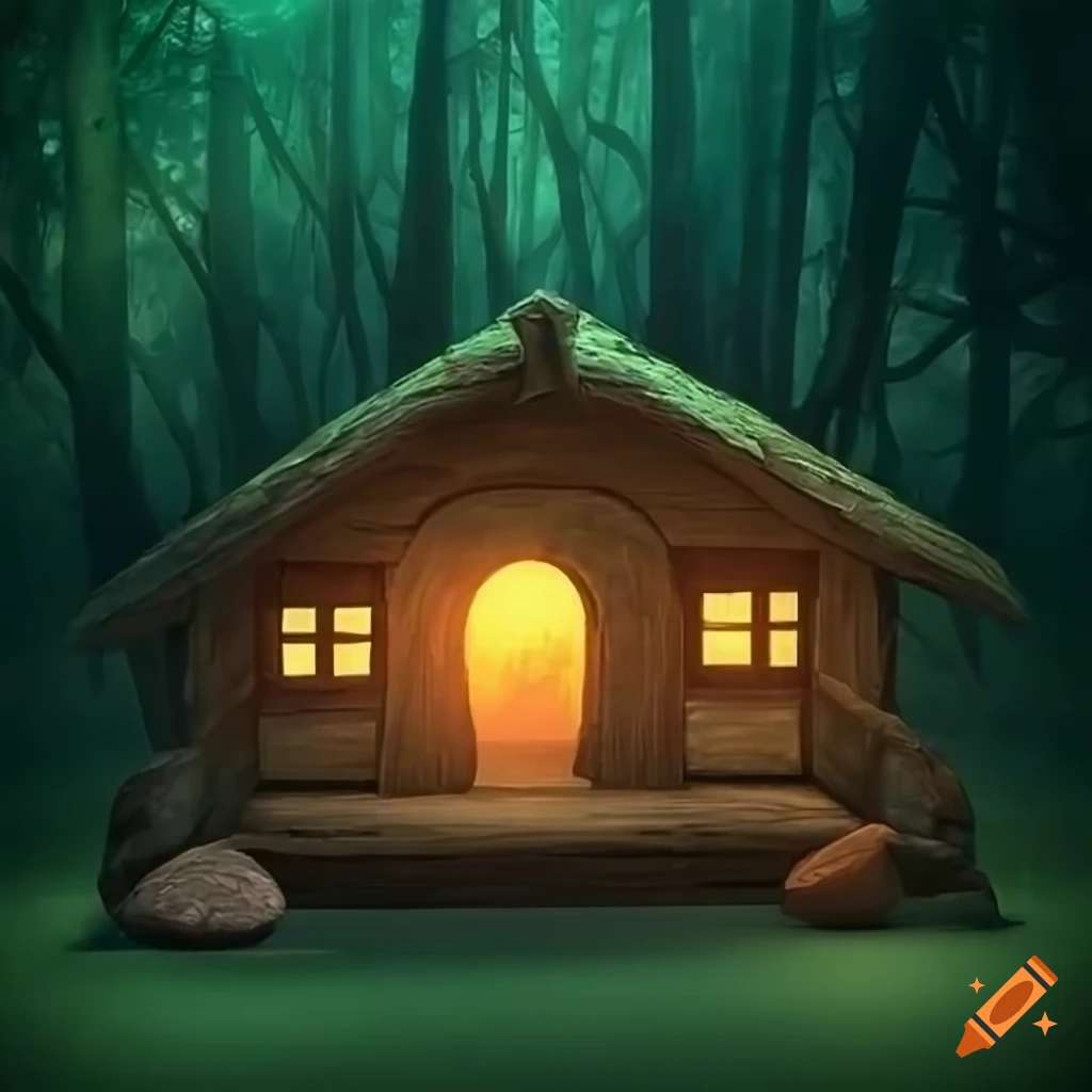 Simple wooden hut in a bright enchanted forest under midday sun on Craiyon