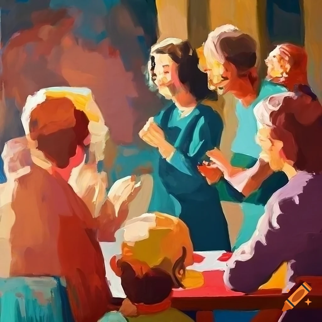 Painting of people gathering in a hall on Craiyon