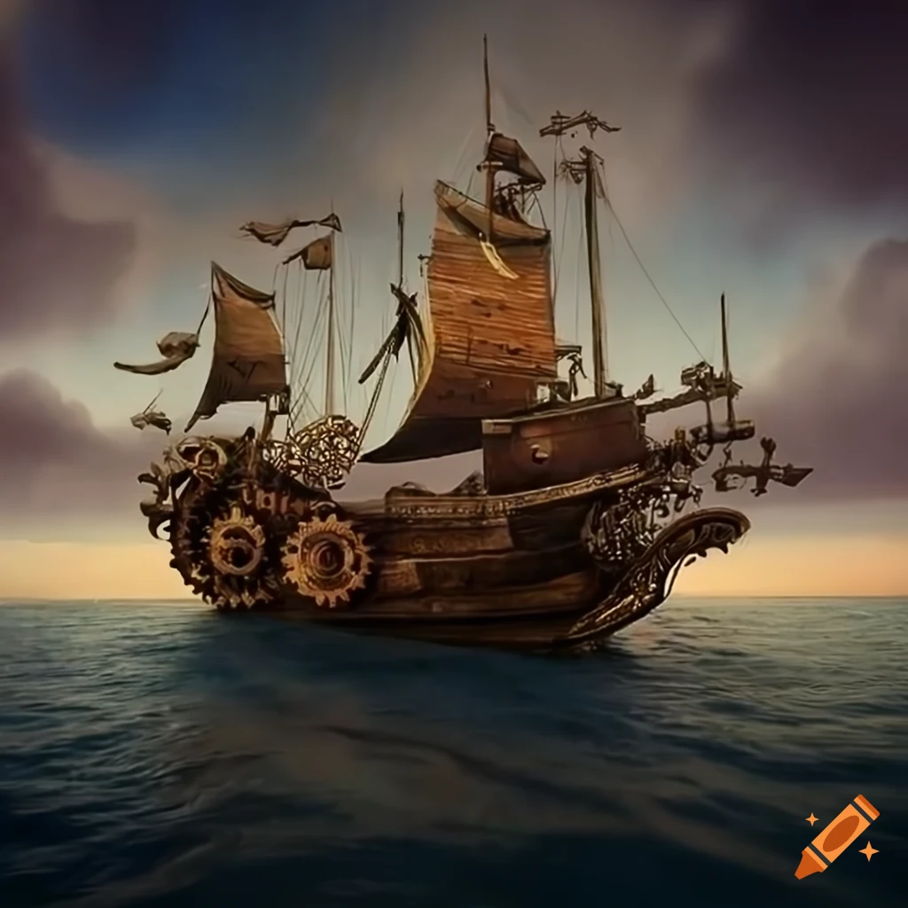 Surreal steampunk boat floating near a deserted island on Craiyon