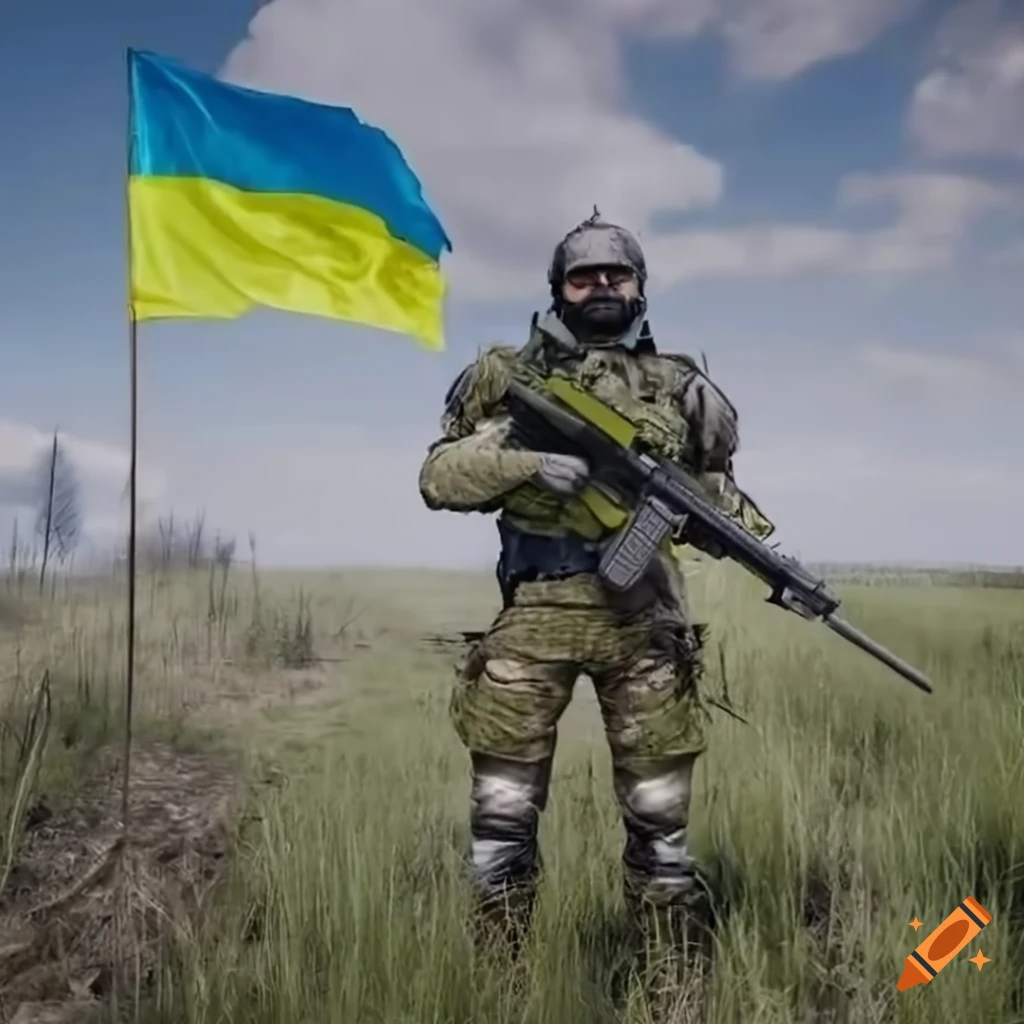 Portrait of ukrainian sci-fi soldiers with flag and tank on Craiyon