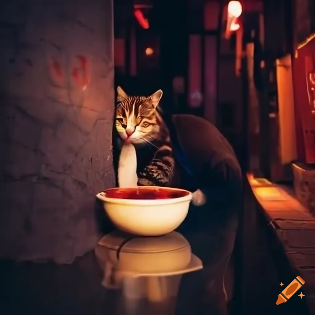 Cat eating ramen noodles in Japanese restaurant at night on Craiyon