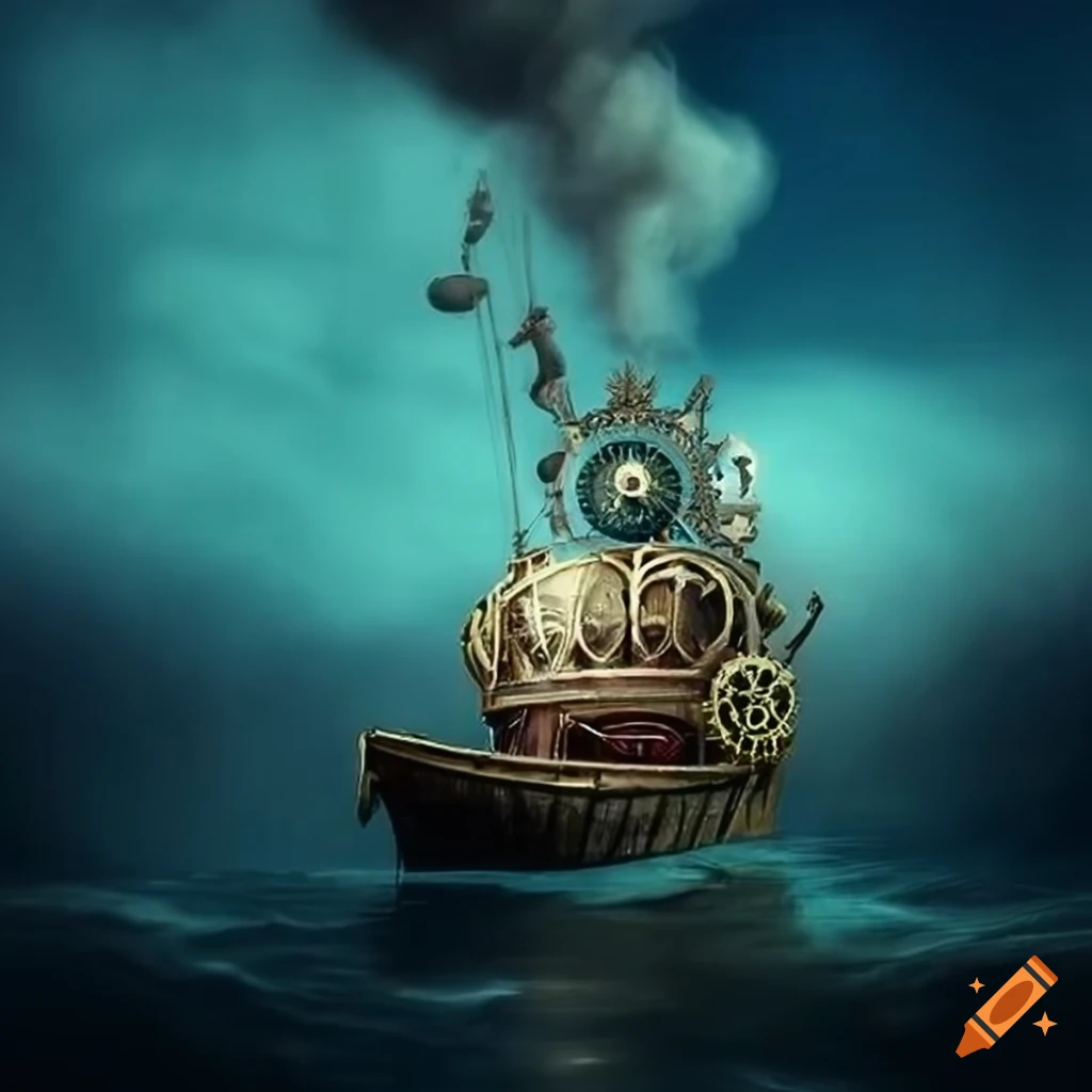 Surreal steampunk boat sailing in the sky on Craiyon