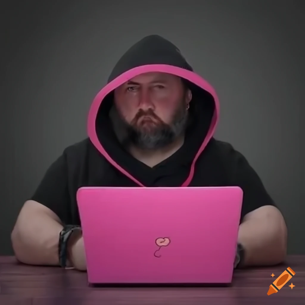 Man coding on Hello Kitty laptop on Craiyon