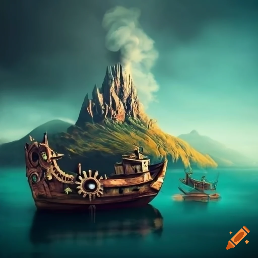 Surreal image of a steampunk boat on the sea with canons