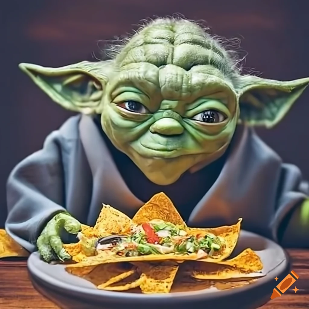 Yoda eating nachos at a restaurant on Craiyon