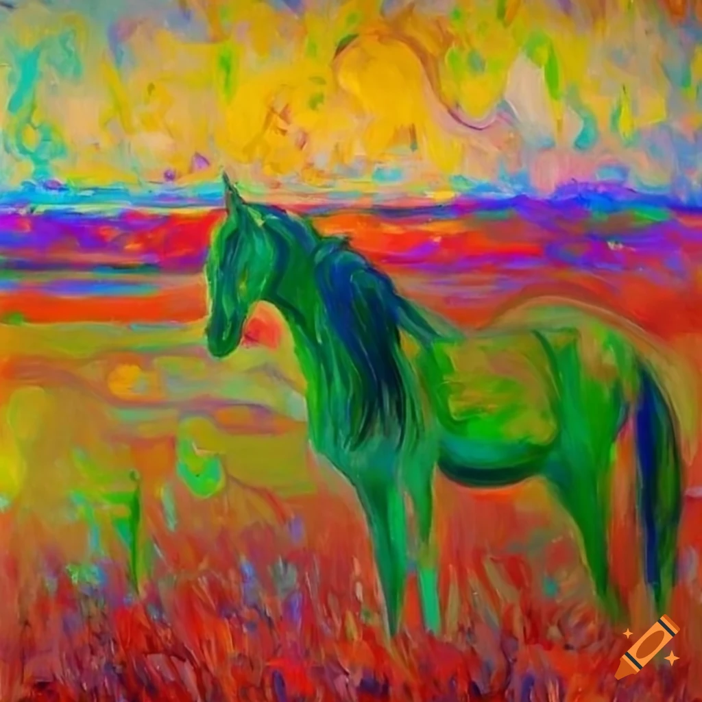 Impressionistic painting of a green horse in a colorful landscape on ...
