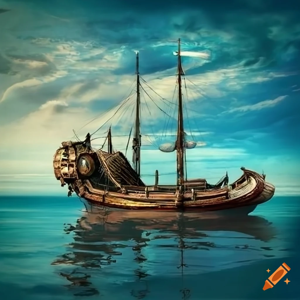 Surrealist steampunk boat in a sea with eerie sky