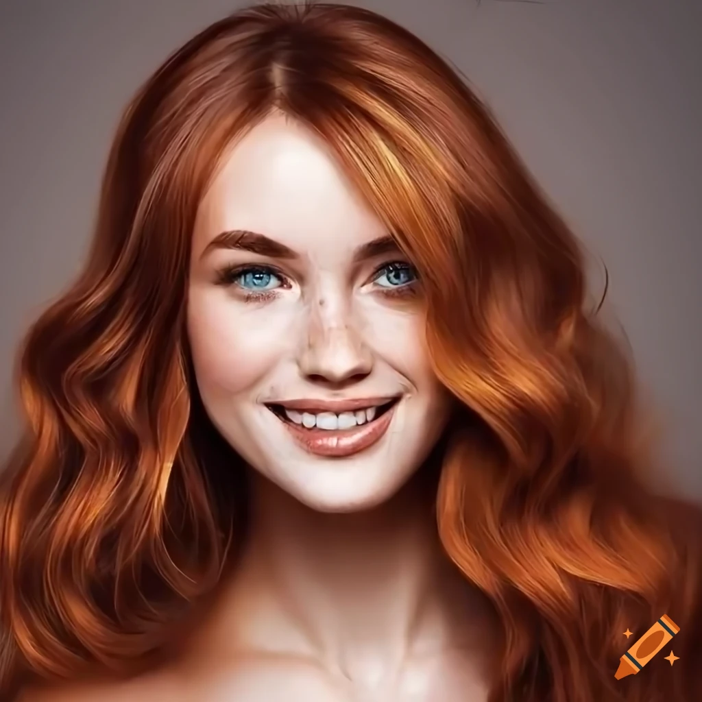 Beautiful young woman delicate freckles shy smile bobbed auburn hair on ...