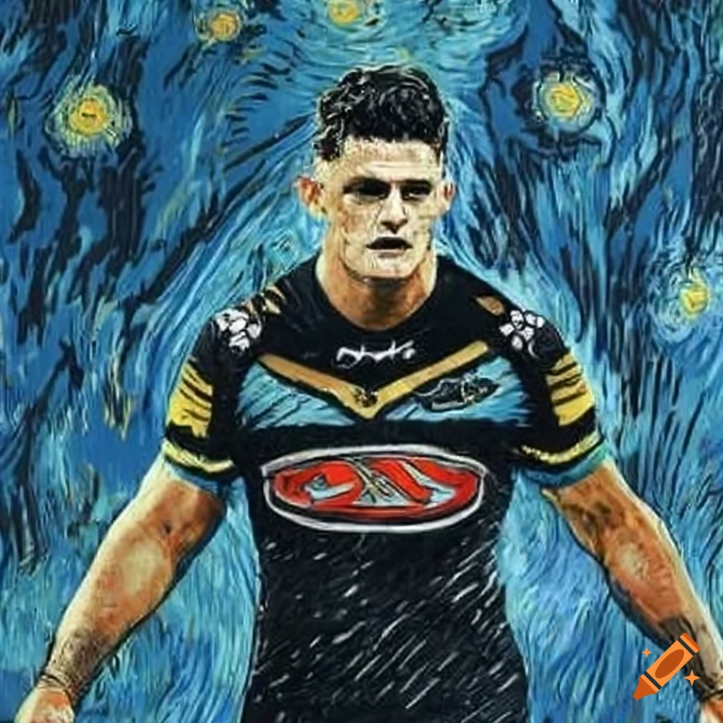 Painting of Nathan Cleary in a Panthers uniform in the rain on Craiyon