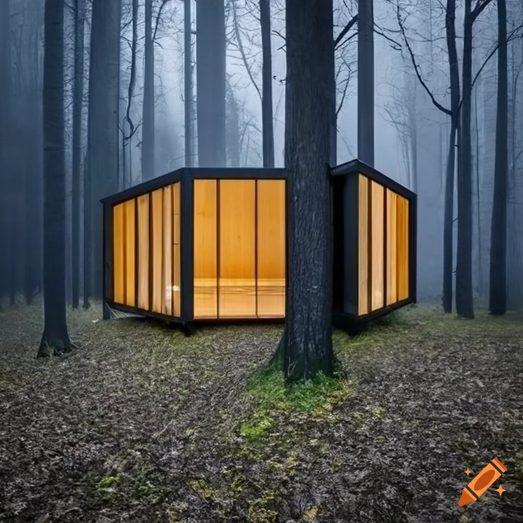 A modern pavilion harmoniously integrated in the forest on Craiyon