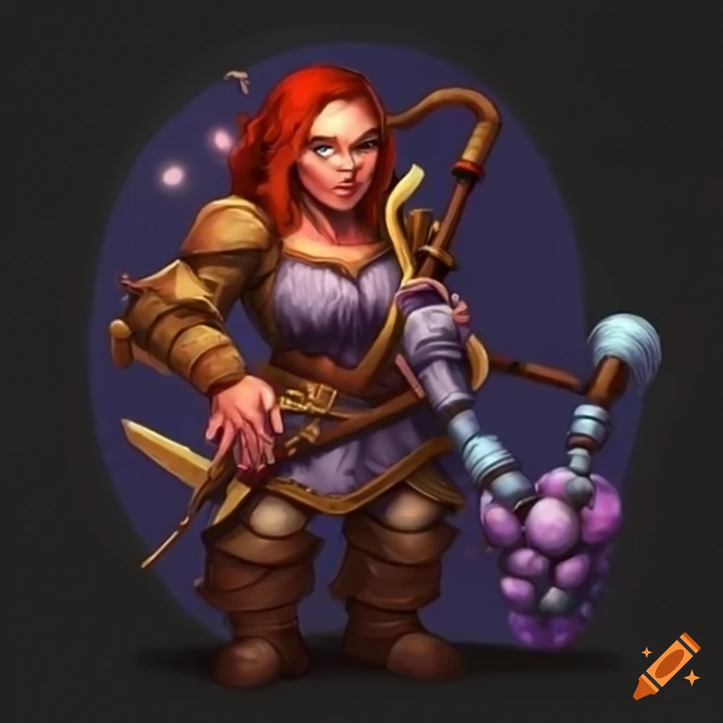 Illustration of a female dwarf bard playing bagpipes