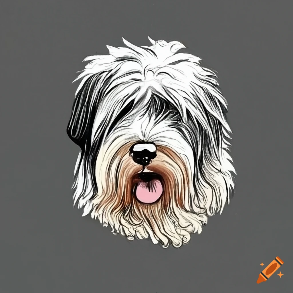 Minimalist color pencil drawing of a cute old english sheep dog winking