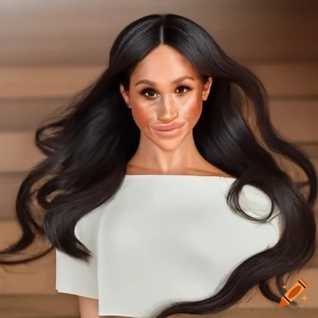 Beautiful Meghan Markle styling head with long flowing hair on Craiyon