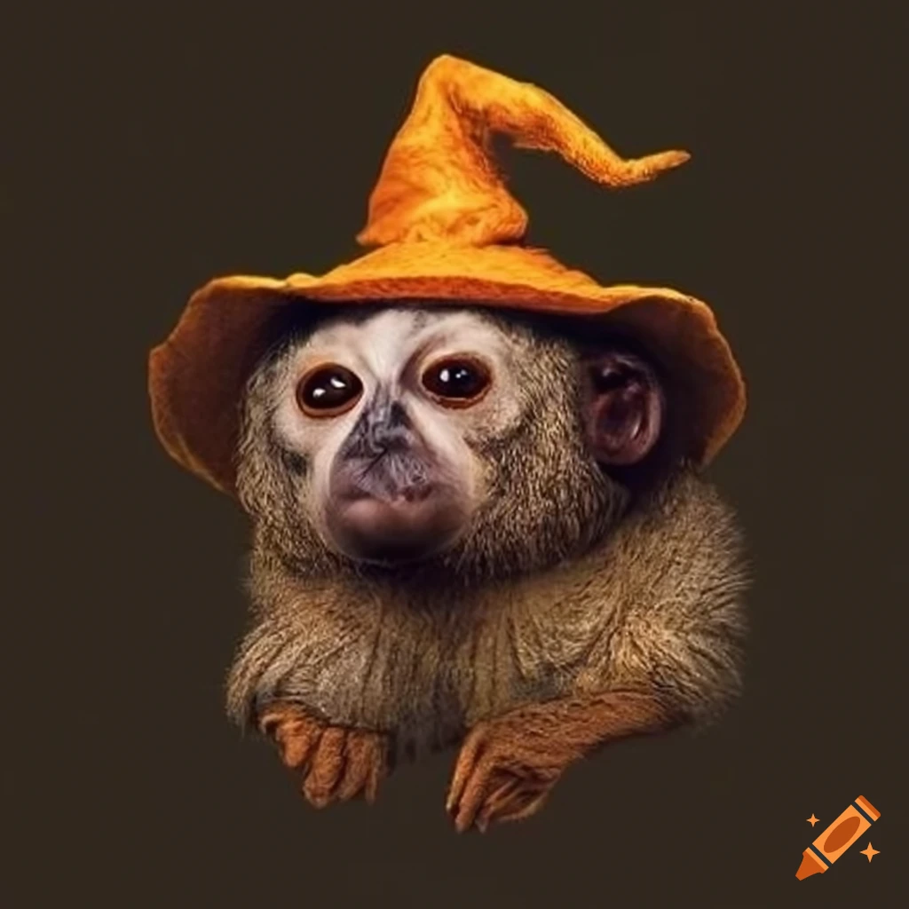 Sagui monkey wearing a wizard hat on Craiyon