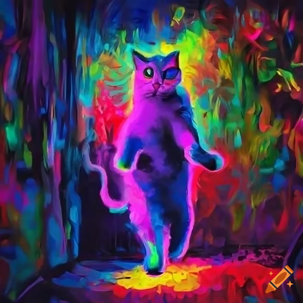 Neon painting of cats dancing at a vibrant rave on Craiyon