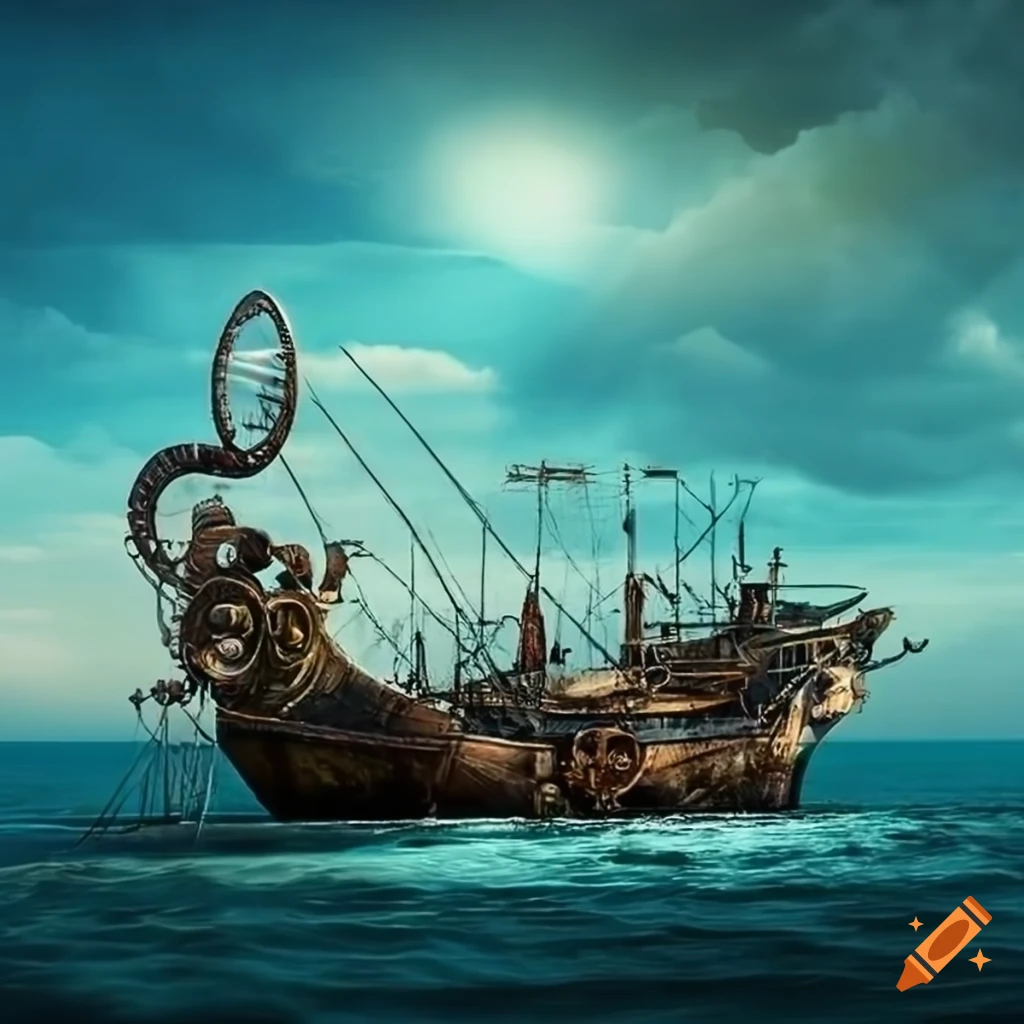 Surrealist steampunk boat in the sea on Craiyon