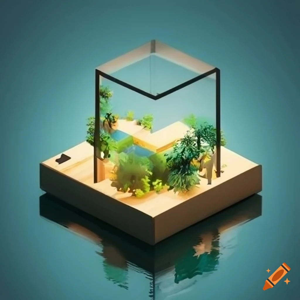 Isometric room cube with water garden and indirect lighting on Craiyon