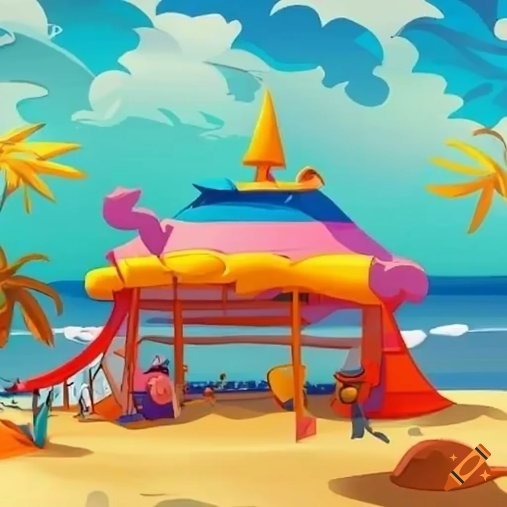 Cartoon beach camp illustration on Craiyon