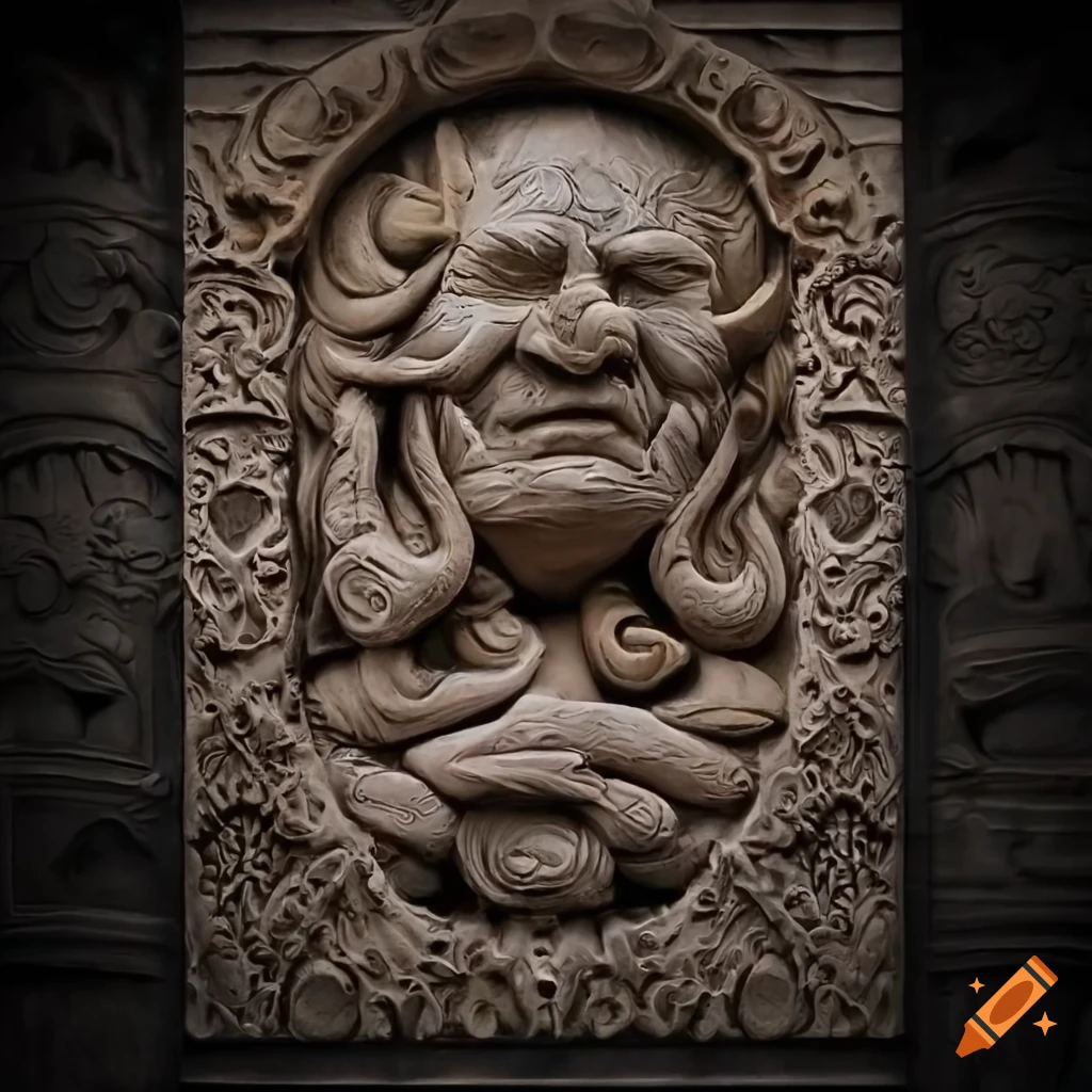 Medieval pen sketch of a large chest made of carved black stone panels ...