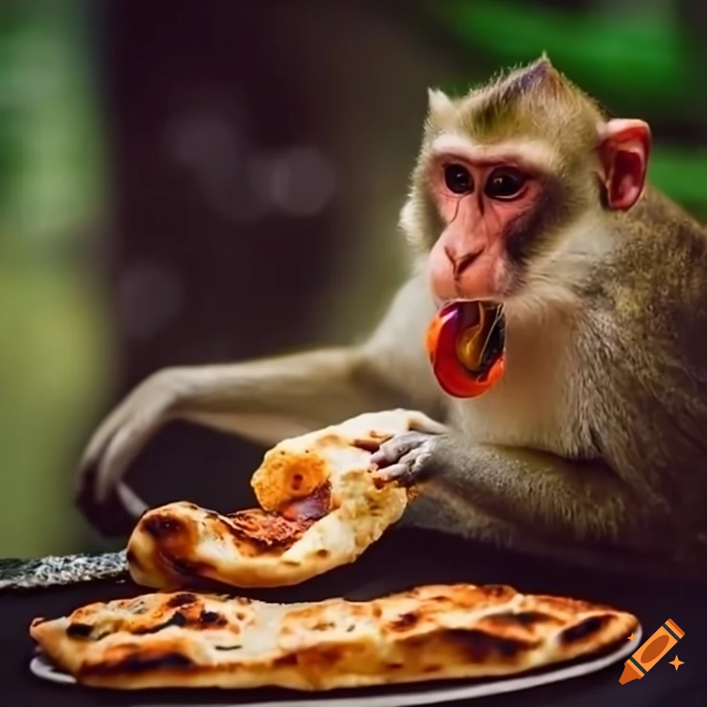 Monkey enjoying a meal of chicken tikka with naan bread on Craiyon