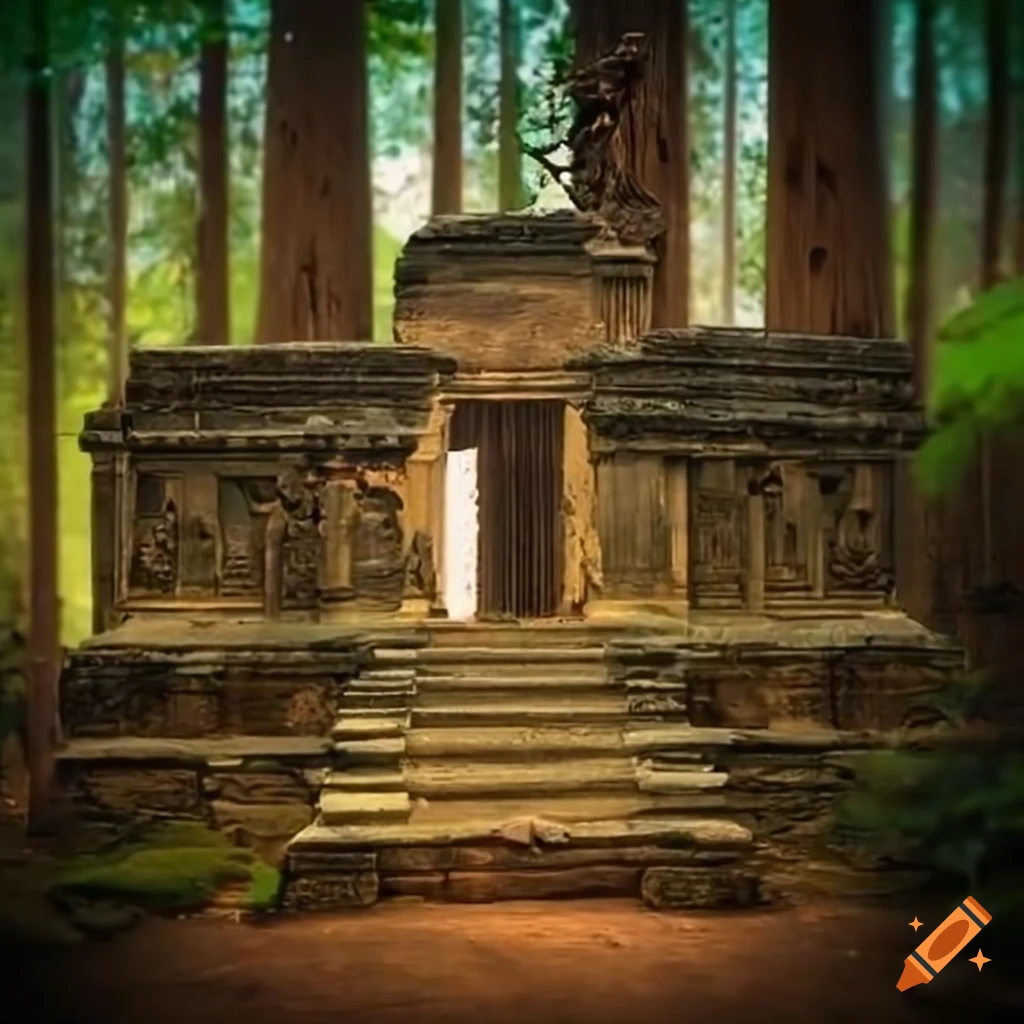 Stone altar in ancient temple ruins surrounded by pine woods on Craiyon