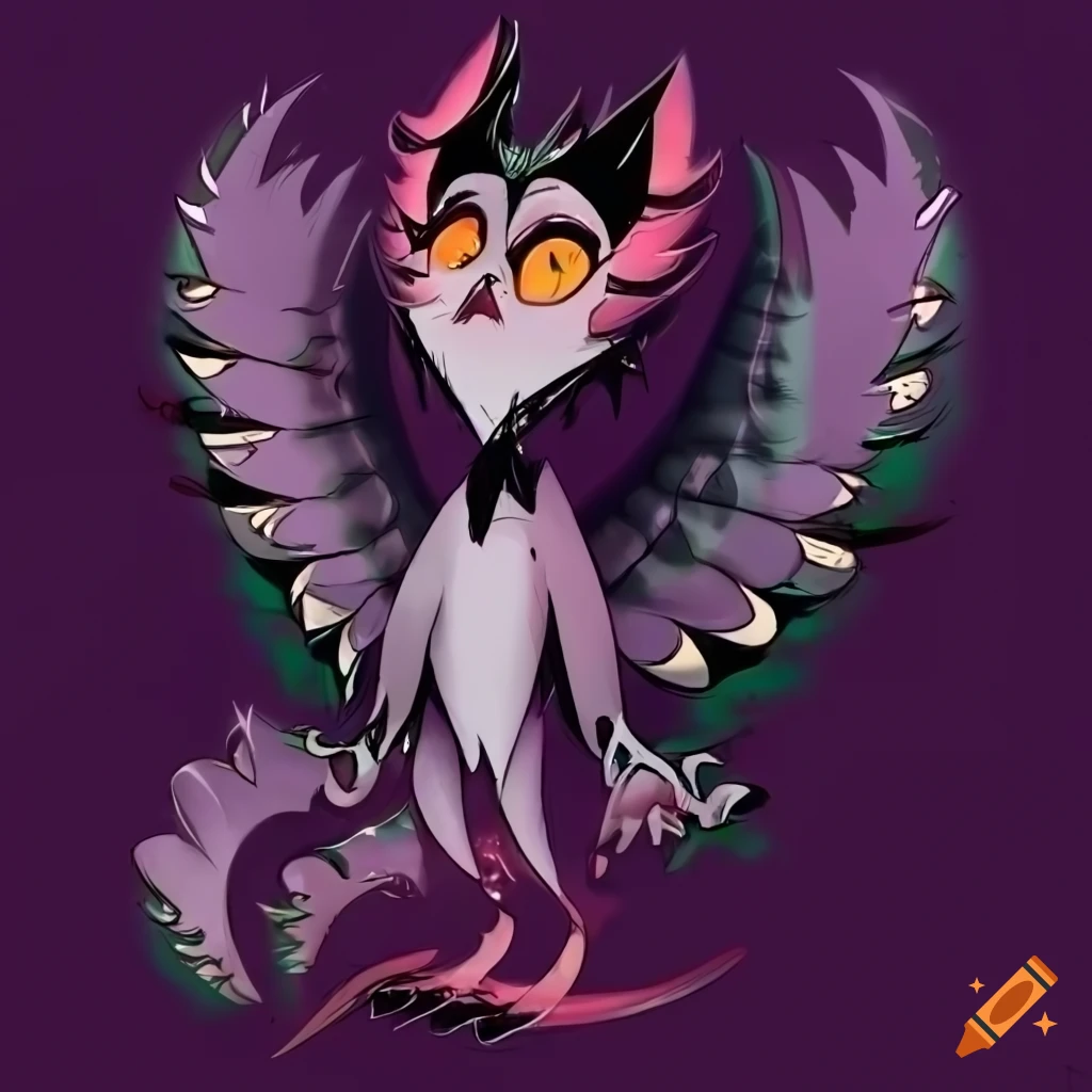 Character design of a demon-like barn owl with black feathers and shiny ...