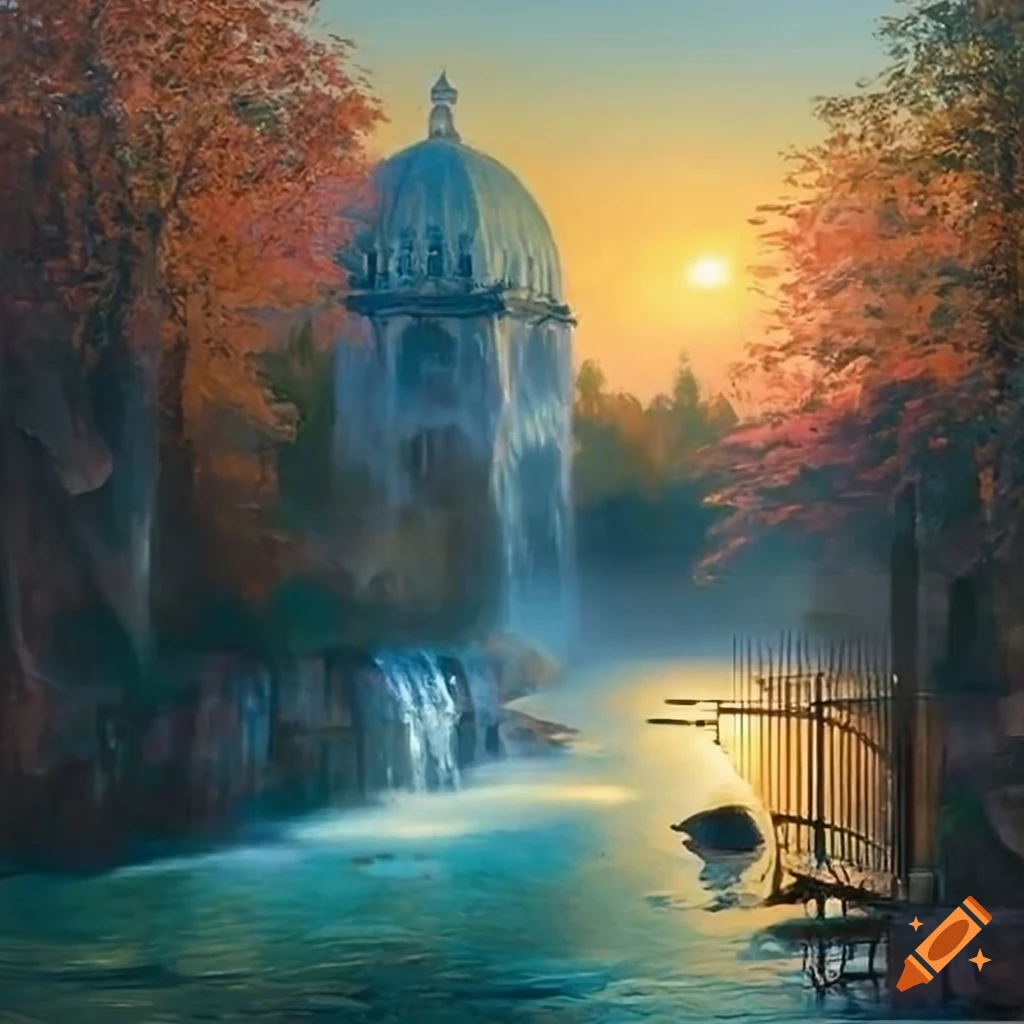 Monet painting of a baroque balcony overlooking a meadow at dawn on Craiyon