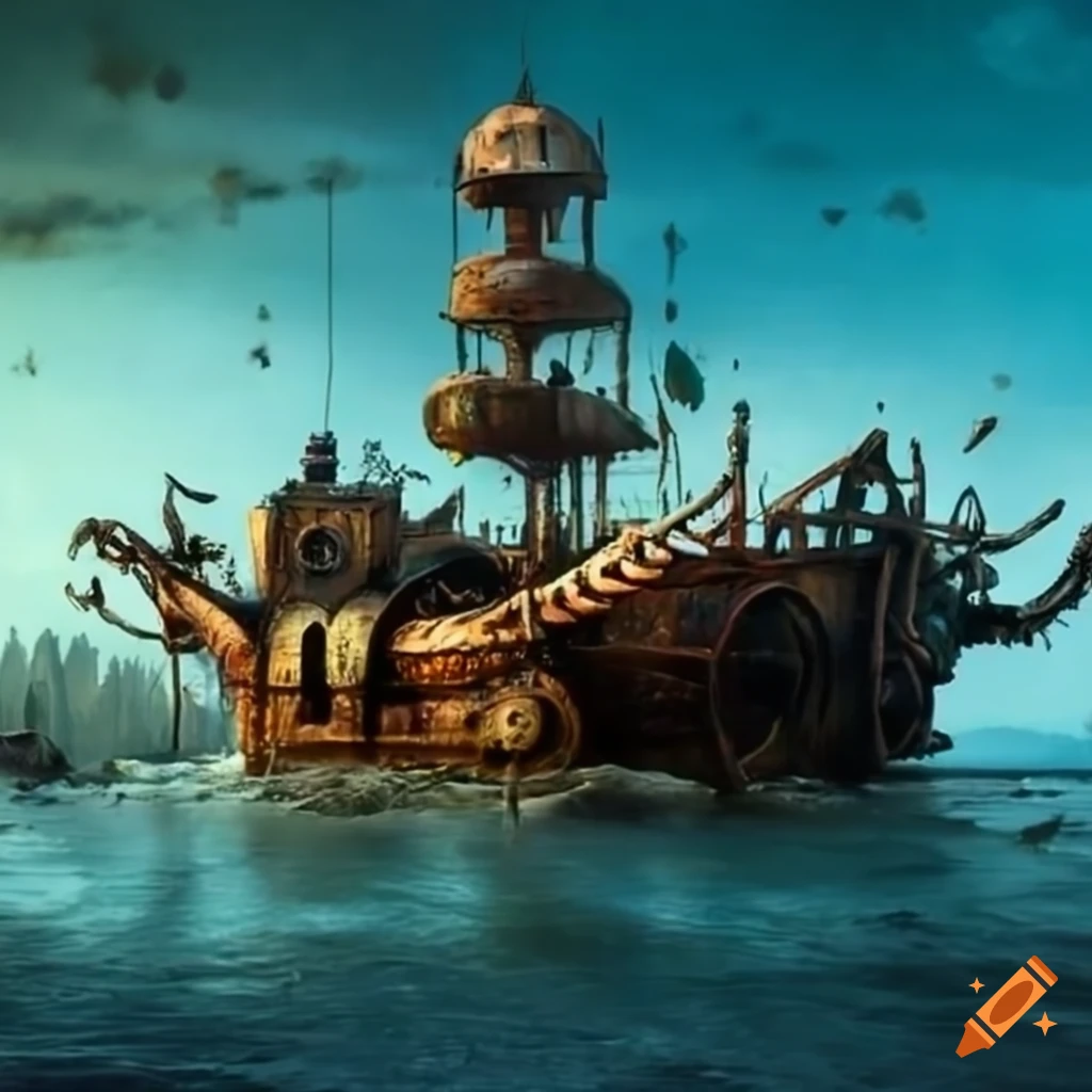 Surreal steampunk artwork with ghost crabs on a beach on Craiyon