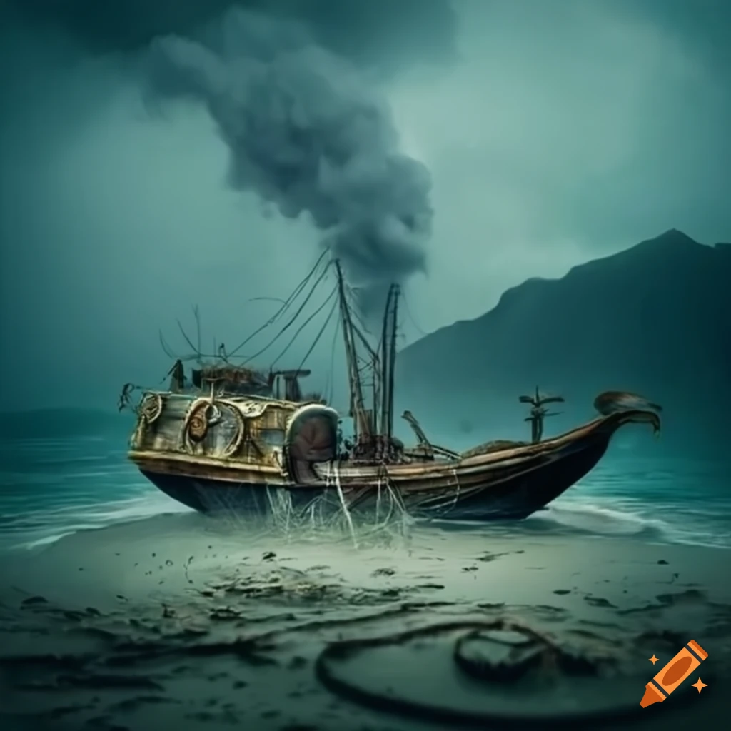 Surrealist steampunk artwork on a beach with smoking trees